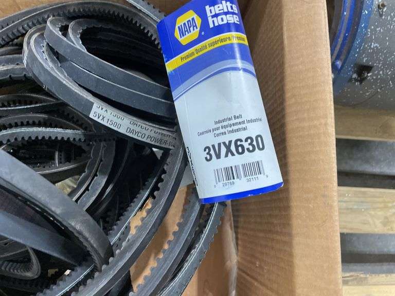 Assortment of Various sized NAPA Belts, box of rags, - Langham Auctioneers