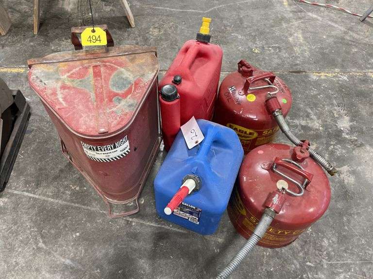 Eagle 10 gal. Oily Waste Can, 2 plastic 5 gallon fuel containers, 2 ...