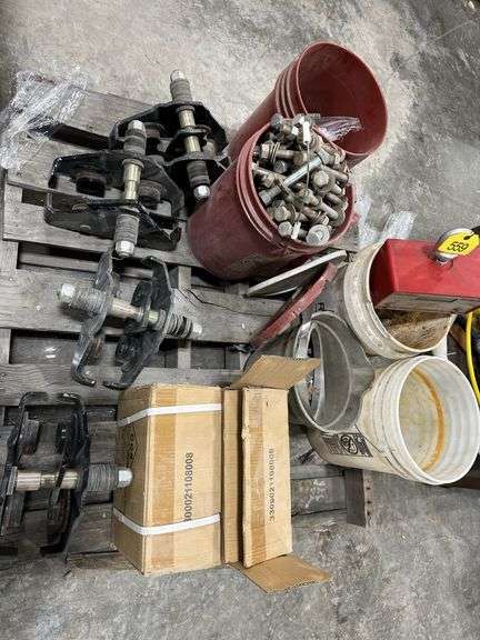 Pallet of Hoist Trolleys, 5 Gallon Buckets of Bolts, Nuts, & Washers ...