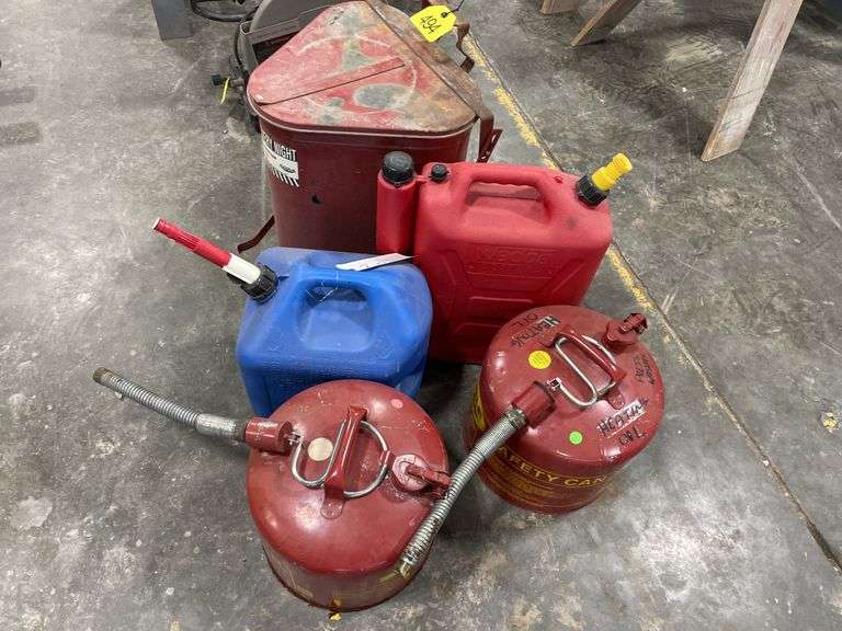 Eagle 10 gal. Oily Waste Can, 2 plastic 5 gallon fuel containers, 2 ...