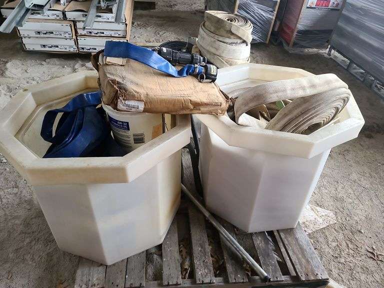 (2) Poly Containers With Heavy Duty Trash Water Hoses, (4) Heavy Duty ...