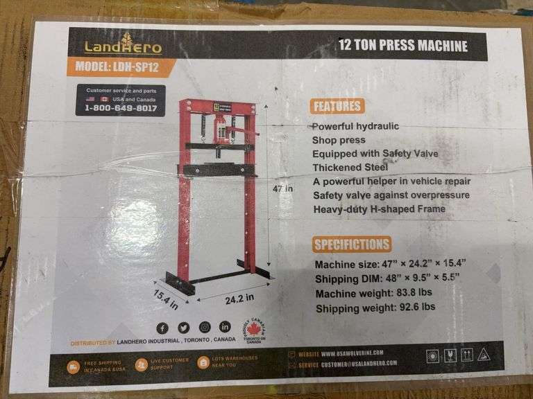 Unused Wuxi LandHero 12 Ton Press Machine, Model # LDH-SP12, Hydraulic ...