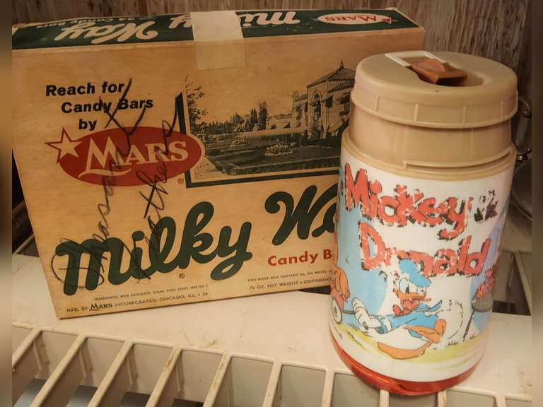 Vintage Mickey Mouse kids thermos & Empty Milky Way advertisement box ...