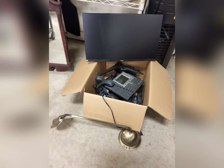 Box w/ phones & Computer monitor - Lindsay Auctions LLC