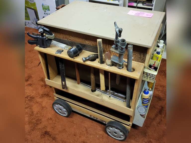 Homemade tool cart w/ various hand tools, saws, and other. See pics ...