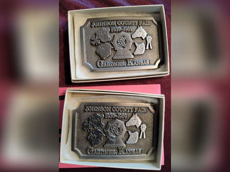2 Johnson County Fair 50th Anniversary belt buckles - Lindsay Auctions LLC