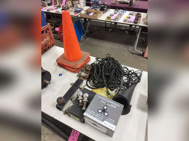 Group misc: 3 safety cones, net, receiver hitch, 1-7/8" receiver balls ...