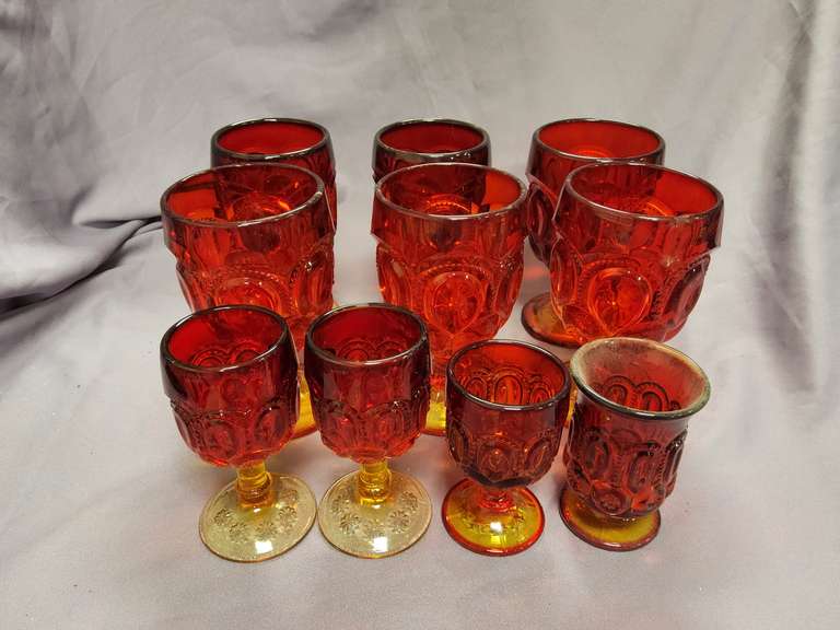 10 Vintage L.E. Smith Moon & Stars Amberina Red goblets (various sizes) - Lindsay Auctions LLC