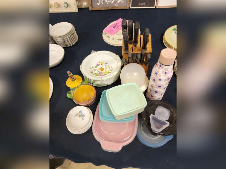 Group misc dishes, knife block, tupperware & other - Lindsay Auctions LLC
