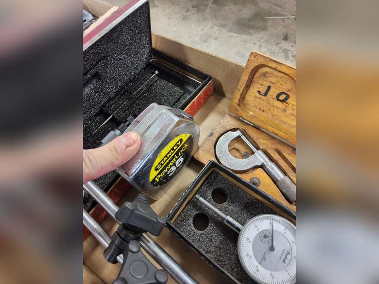 Flat of misc: tape measure, machinist tools & other - Lindsay Auctions LLC