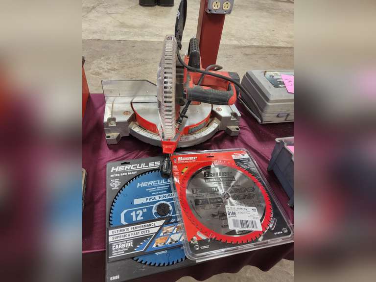 Bauer 12" compound miter saw, 2 NEW blades - Lindsay Auctions LLC