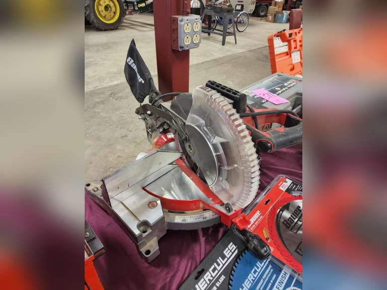 Bauer 12" compound miter saw, 2 NEW blades - Lindsay Auctions LLC