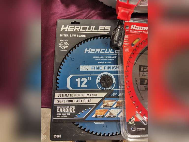 Bauer 12" compound miter saw, 2 NEW blades - Lindsay Auctions LLC