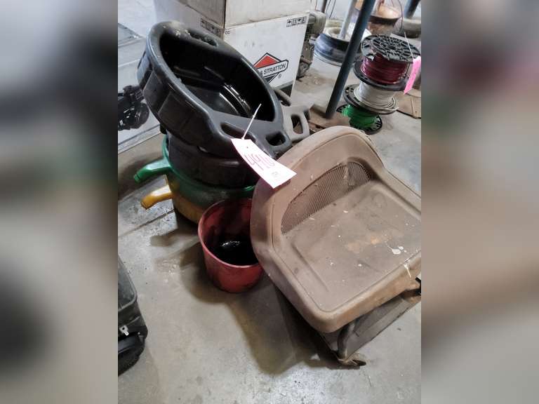 Group of oil drain tubs & shop stool with broken wheel - Lindsay ...
