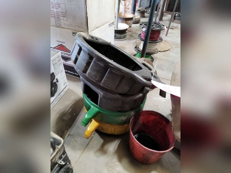 Group of oil drain tubs & shop stool with broken wheel - Lindsay ...