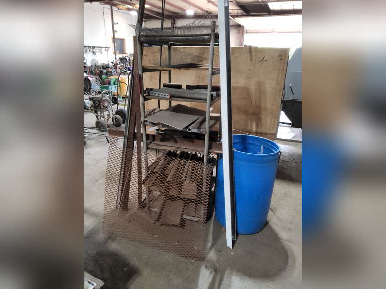 Metal shelf & blue barrel with misc scrap metal SEE PICS - Lindsay ...
