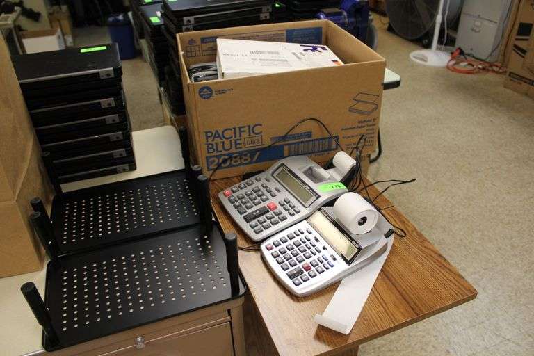 BOX OF VARIOUS OFFICE SUPPLIES [ADDING MACHINE; RECORDERS; POWER STRIP ...