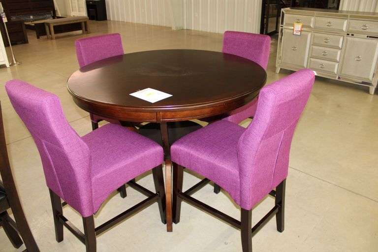5-PC SET (OSWELL CHERRY FINISH ROUND TABLE WITH 4-PURPLE FABRIC CHAIRS ...
