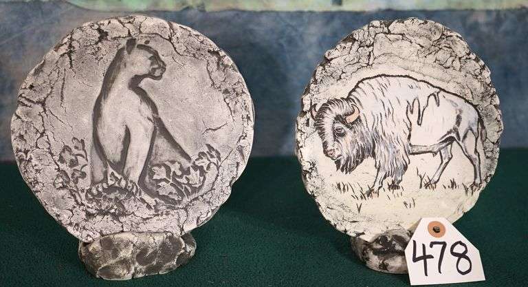 Two Very Nice Ceramic Clay Disk of a Bison & a Mountain Lion with ...