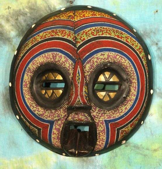 Large Round Beaded Handmade African Mask - Leap Auctions, LLC