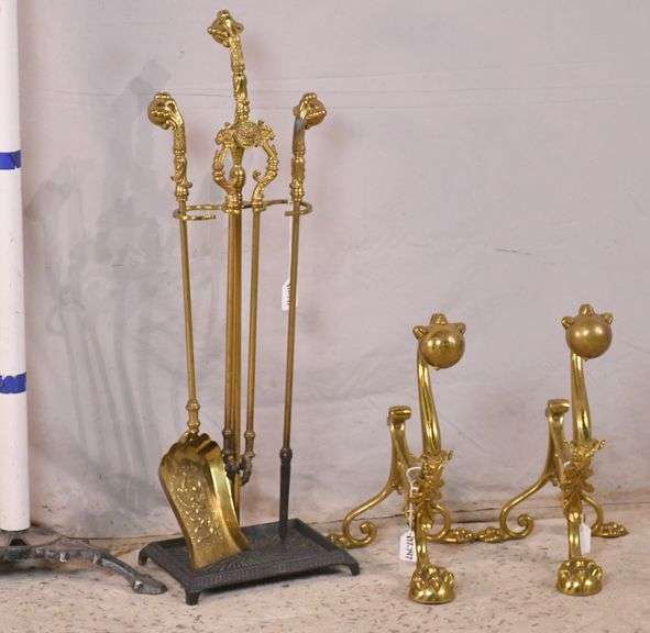 Pair of ornate brass ball in claw andirons with matching 3 piece fire ...