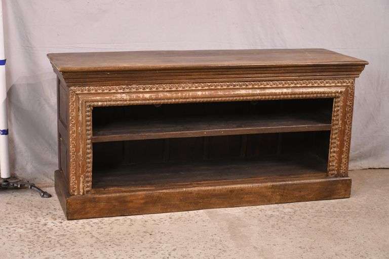 Distressed open front bookcase/console table with raised panel sides ...