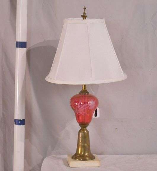 Etched cranberry crystal and brass lamp with shade and marble base; 253 ...