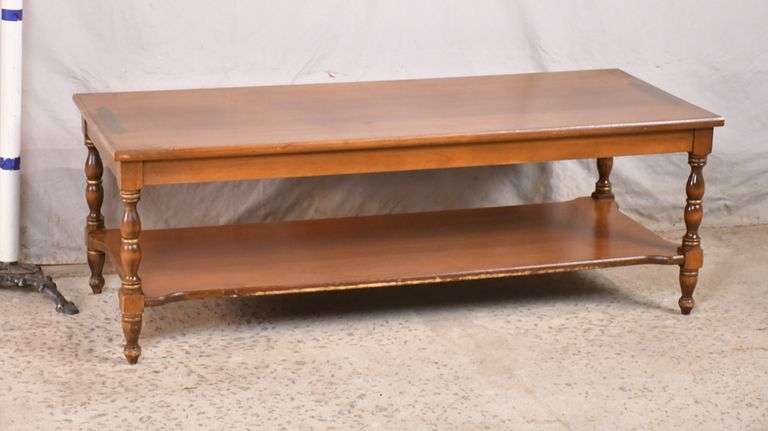 L. Hitchcock decorated 2 tier coffee table with turned legs and columns ...