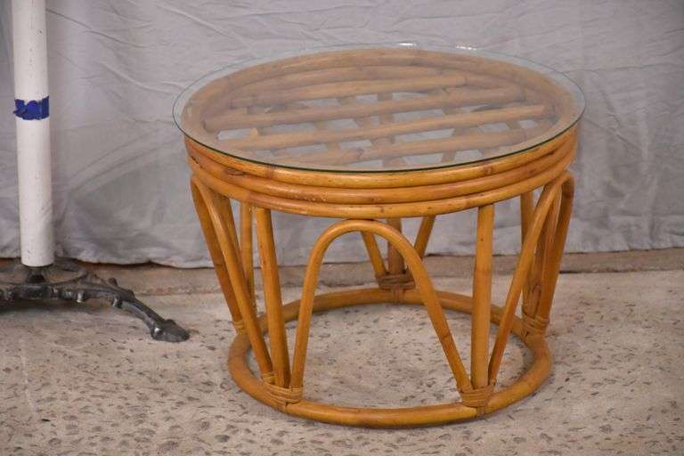 Small round rattan bentwood table with glass top; 5958-010 - R.H. Lee ...