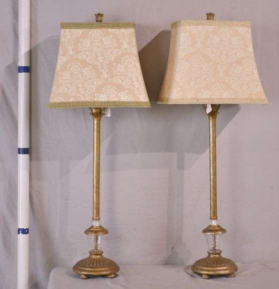 Pair of ornate metal and etched crystal stick lamps with shades; 4979 ...