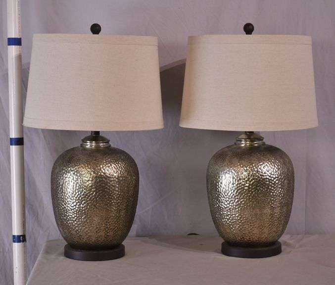 Pair of silver textured glass lamps with linen shades; 336-4063 - R.H ...