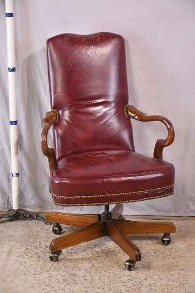 Statesville Ross burgundy leather Queen Anne style open arm desk chair ...