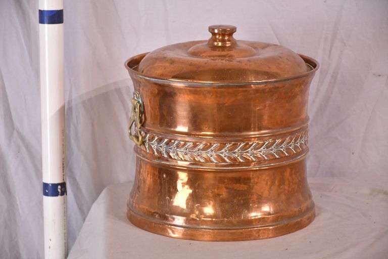 Ornate copper container with lid; 16669-081 - R.H. Lee & Co. Auctioneers