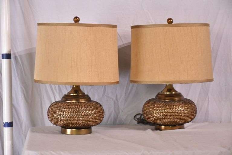 Pair of short round gold beaded lamps with shades; 55-11553C - R.H. Lee ...