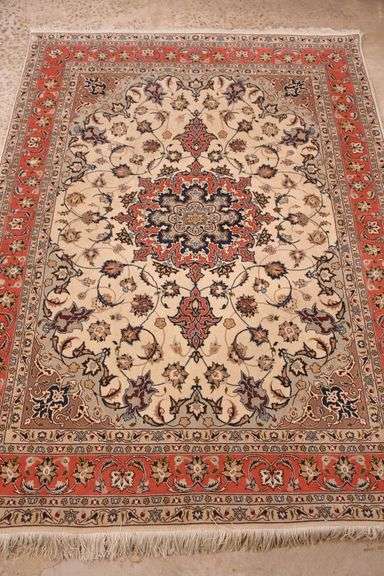 4.11'x6.9' fine hand knotted rug with salmon border and cream colored ...