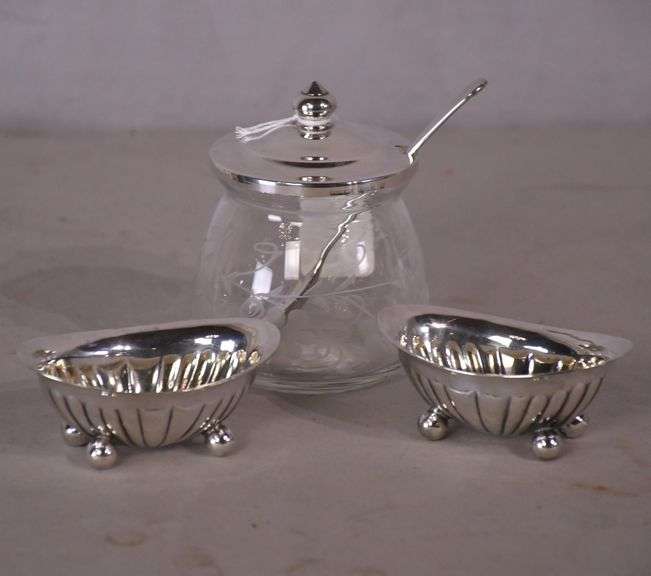 2 sterling silver nut dishes and S. Kirk & Son etched glass condiment ...