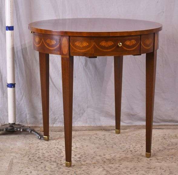 Baker round inlaid mahogany side table with 2 drawers and 2 slide-out ...