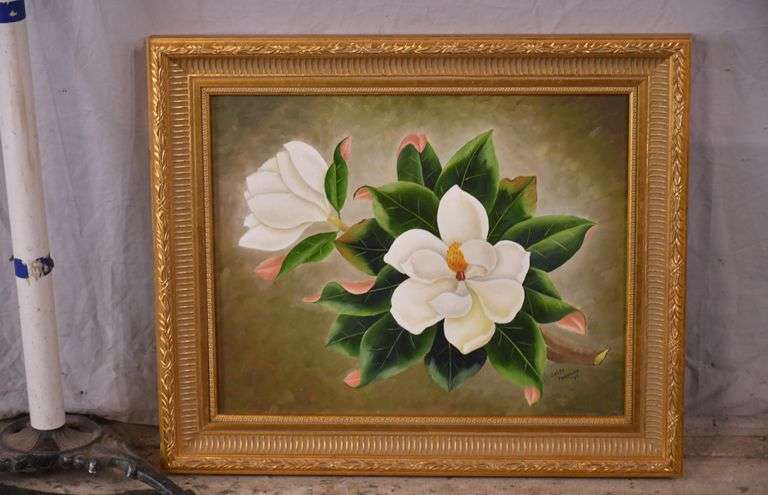 Framed magnolia painting on canvas by Zelda Anderson; 336-4149 - R.H ...