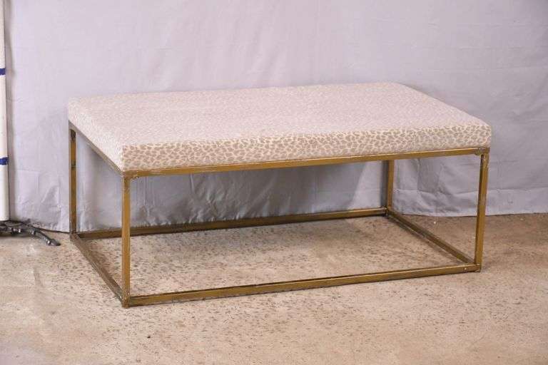 Large distressed gold metal bench with animal print fabric; 205-586 - R ...