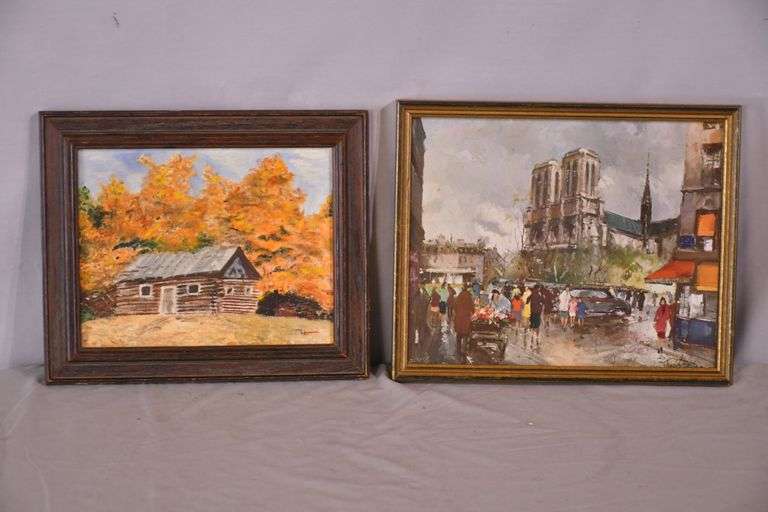 Small framed cabin scene painting on canvas and small street scene ...