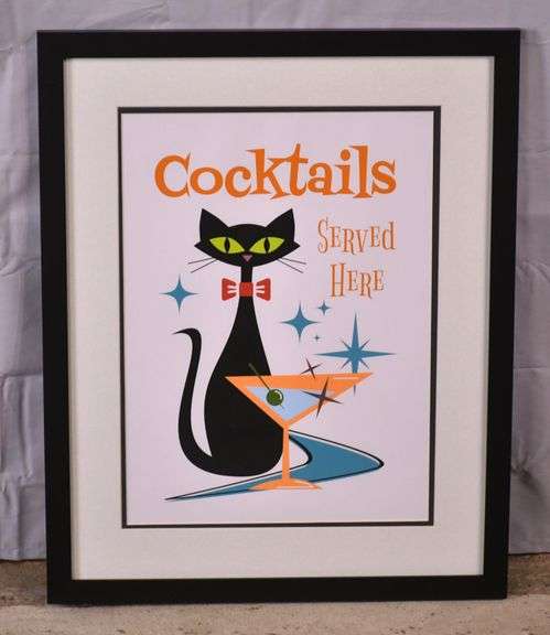 Framed mid-century style atomic cat print "Cocktails Served Here"; 975 ...