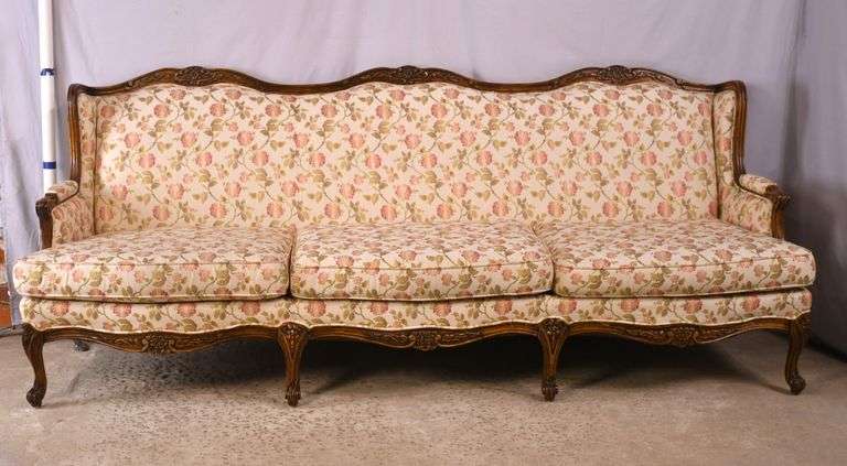 Bernhardt carved French style wingback sofa with floral fabric; 68-4967 ...