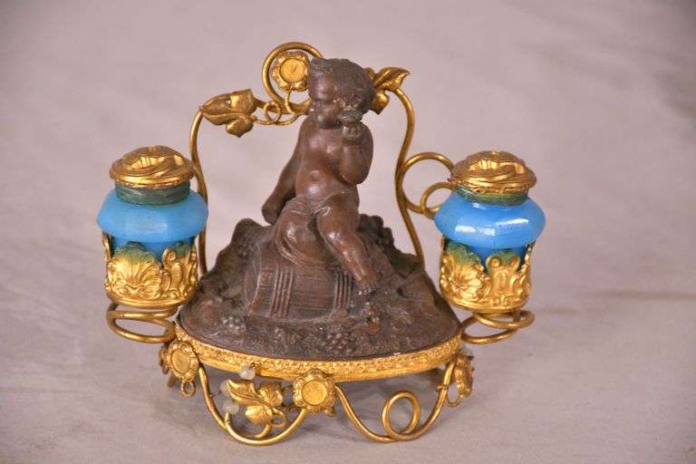 Small ornate gold metal inkwell set with cherub figure; 15961-291 - R.H ...