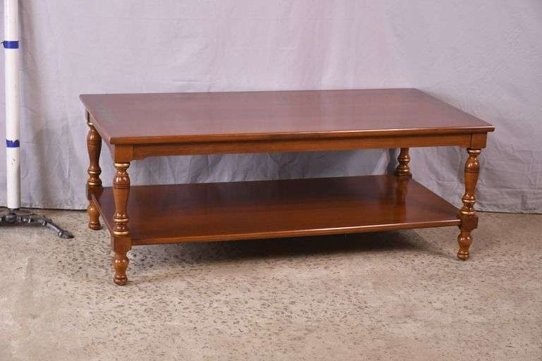 L. Hitchcock decorated 2-tier coffee table with turned legs and columns ...