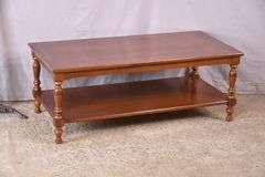 L. Hitchcock decorated 2-tier coffee table with turned legs and columns ...