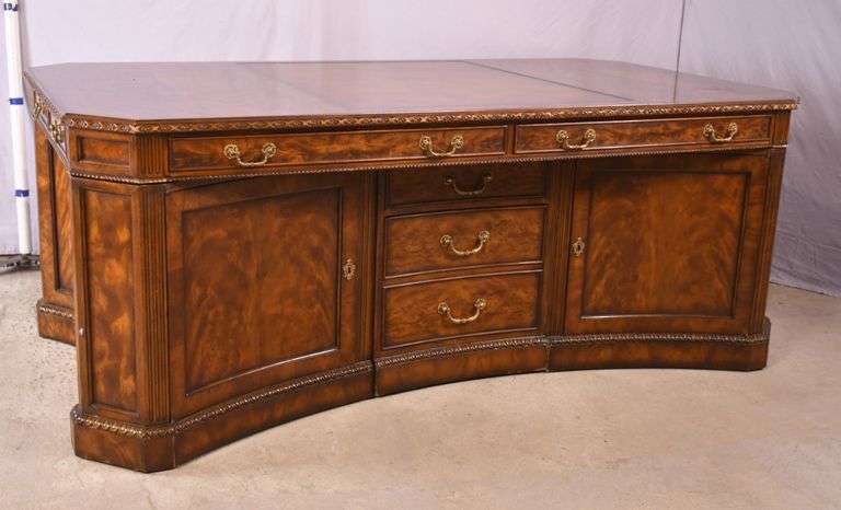 Theodore Alexander crotch mahogany 4 part partner's desk with leather ...