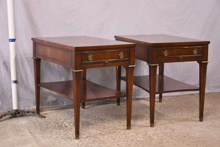 Pair of mahogany 2-tier single drawer end tables with slide-out shelves; 13024-875 - R.H. Lee ...