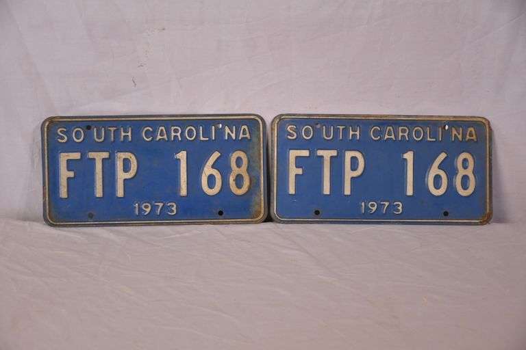 Pair of vintage 1973 South Carolina license plates; 155-842 - R.H. Lee ...