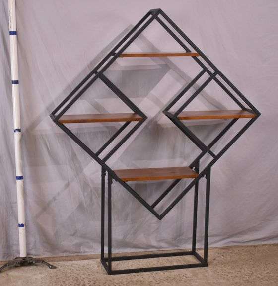 Metal multi-tiered open display stand with pine shelves; 15752-006 - R ...