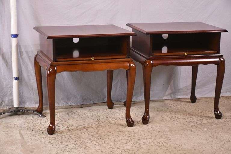 Pair of Bombay Co. cherry open front end tables with slide-out shelves ...